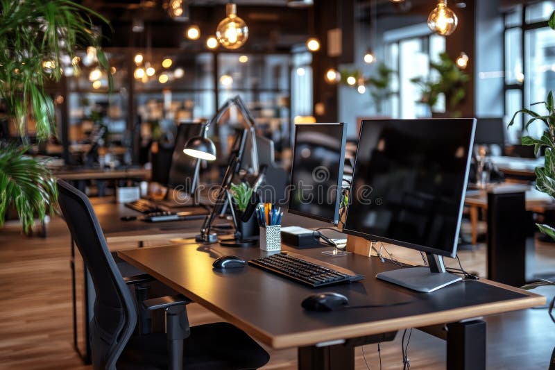 Modern Coworking Space Showing Empty Desks and Computers Stock ...