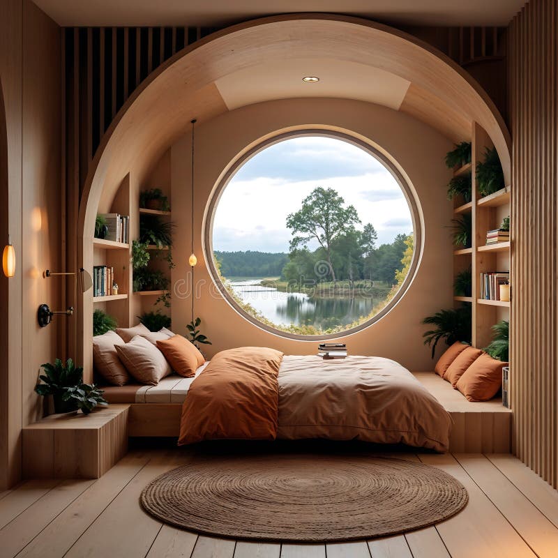 Modern Cozy Bedroom with Scenic Circular Window View Stock Illustration ...