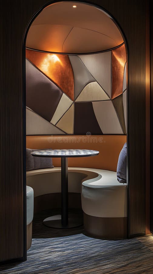 Modern Cozy Booth with Geometric Wall Paneling and Curved Seating Stock ...