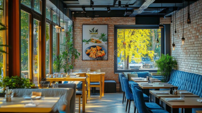 Modern Cozy Cafe Interior Featuring Brick Walls, Large Windows, and ...