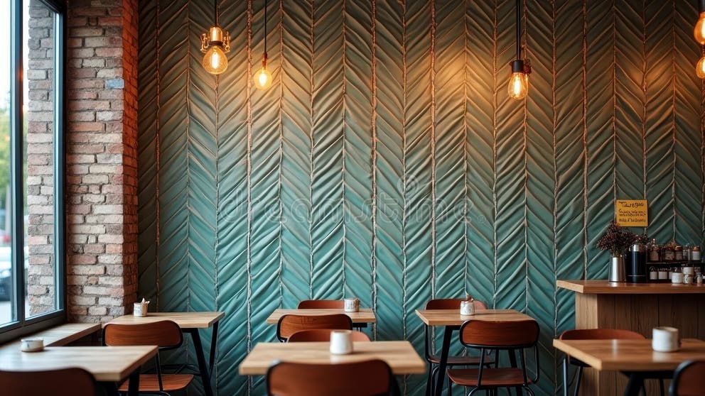 Modern Cozy Cafe Interior with Geometric Wall Pattern and Industrial ...