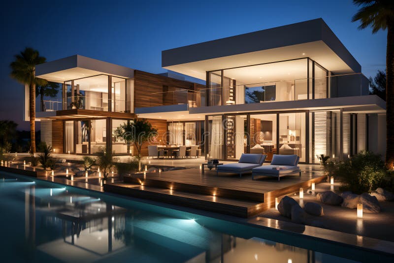 Modern Cozy House with Pool and Terrace at Night. Ai Generated Stock ...