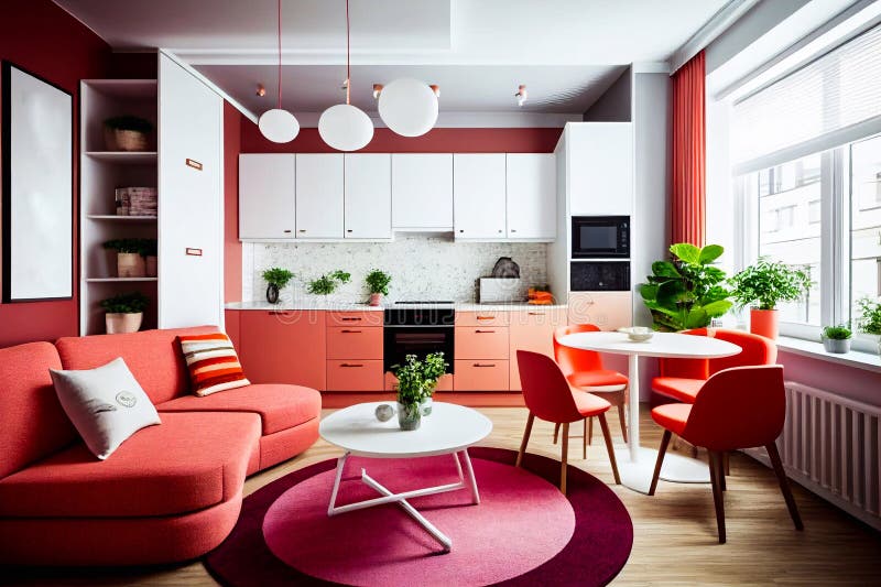 Modern Cozy Kitchen Interior with Kitchen Set, Dining Area and Window ...