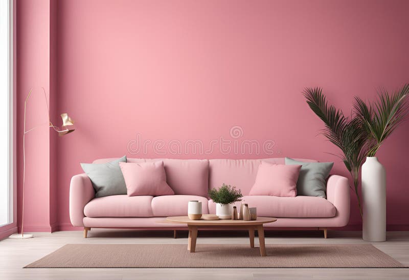 Modern Cozy Living Room and Decorative Mock Up Empty Pink Wall Stock ...