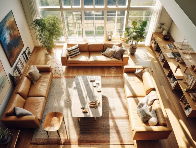Modern Cozy Living Room with Large Windows in the Daytime. Generative ...
