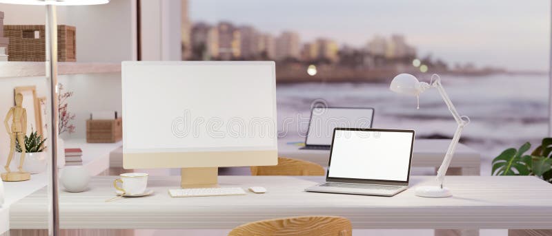 Modern Cozy Office Room Interior with Computer and Laptop Mockup on ...