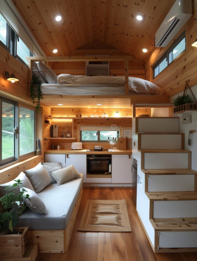 Modern Cozy Tiny House Interior with Loft and Natural Wood Design ...