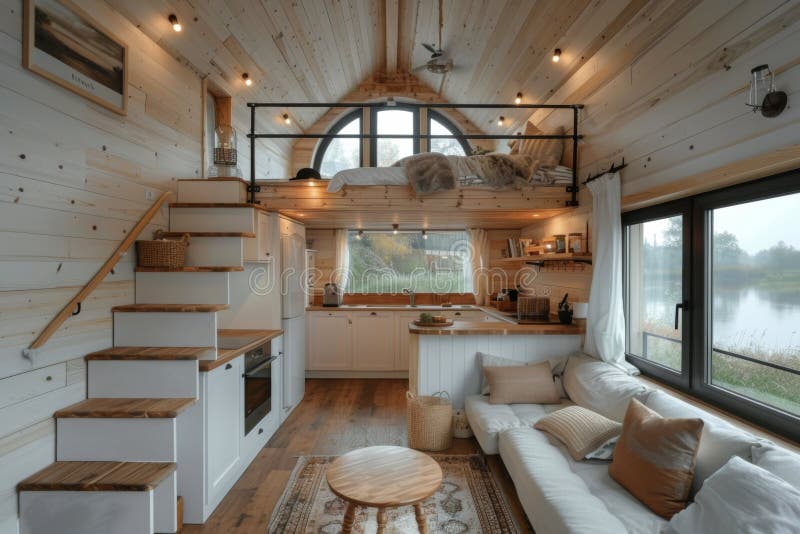 Cozy Rustic Interior of a Tiny House Cabin with Loft and Natural Wooden ...