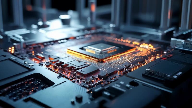 Modern Cpu is Glowing on Motherboard with Tracks and Capacitors Stock ...
