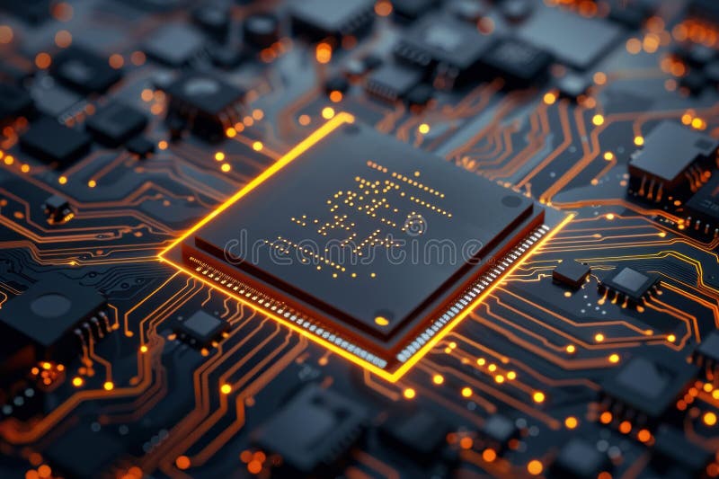 Modern Cpu Processing Data on Motherboard with Orange Circuit Board ...