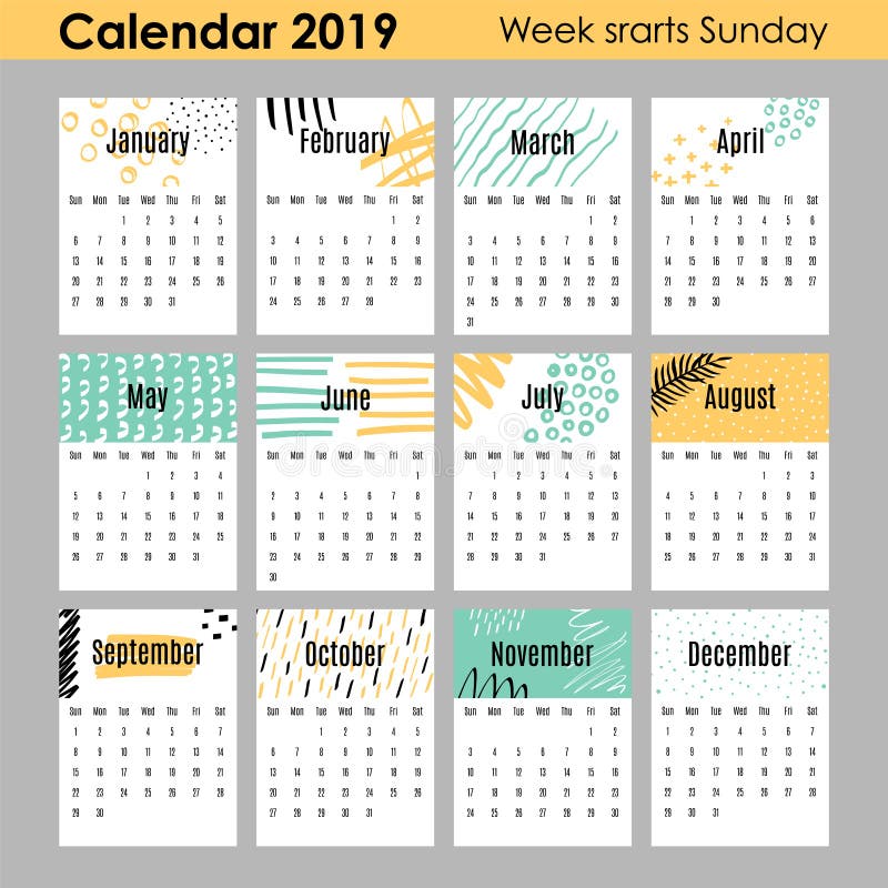 Modern Creative Calendar 2019. 12 Design Templates. Stock Vector ...