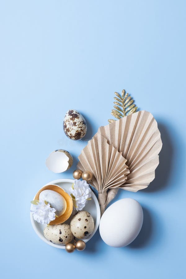 Modern Creative Composition with Easter Eggs, Palm Leaves and Flowers ...