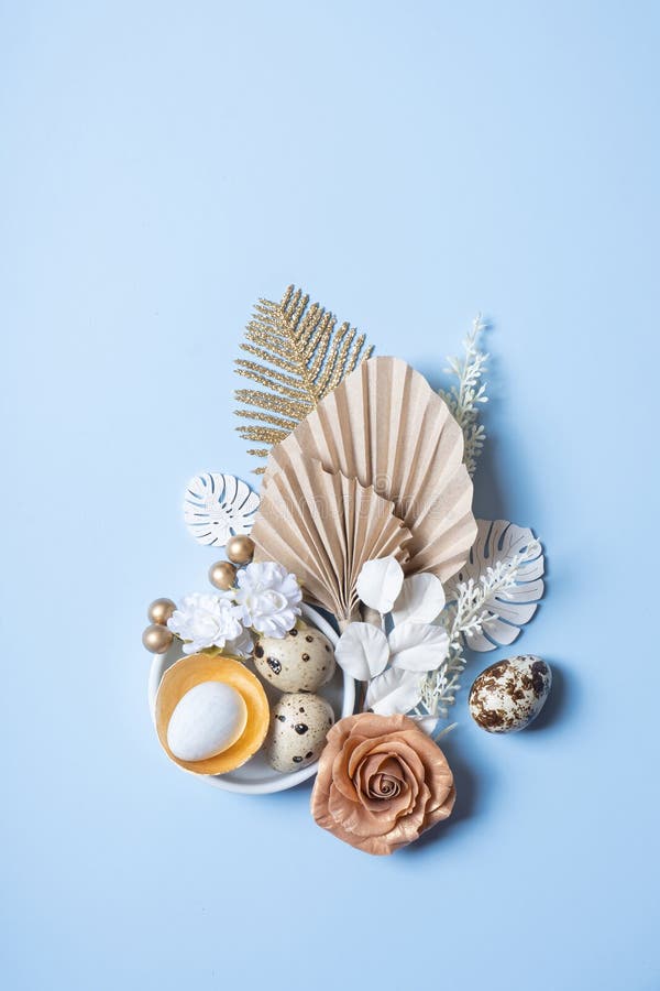 Modern Creative Composition with Easter Eggs, Palm Leaves and Flowers ...