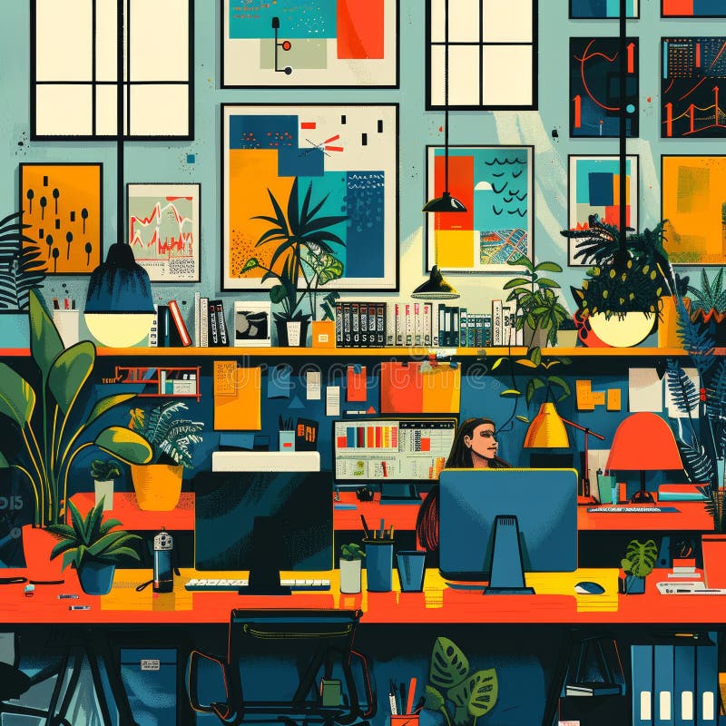 Modern Creative Office Space with Vibrant Decor Plants and Artworks ...