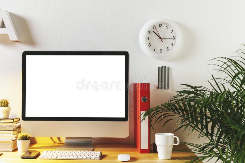 Modern Creative Workspace on Yellow Wall. Stock Image - Image of desk ...