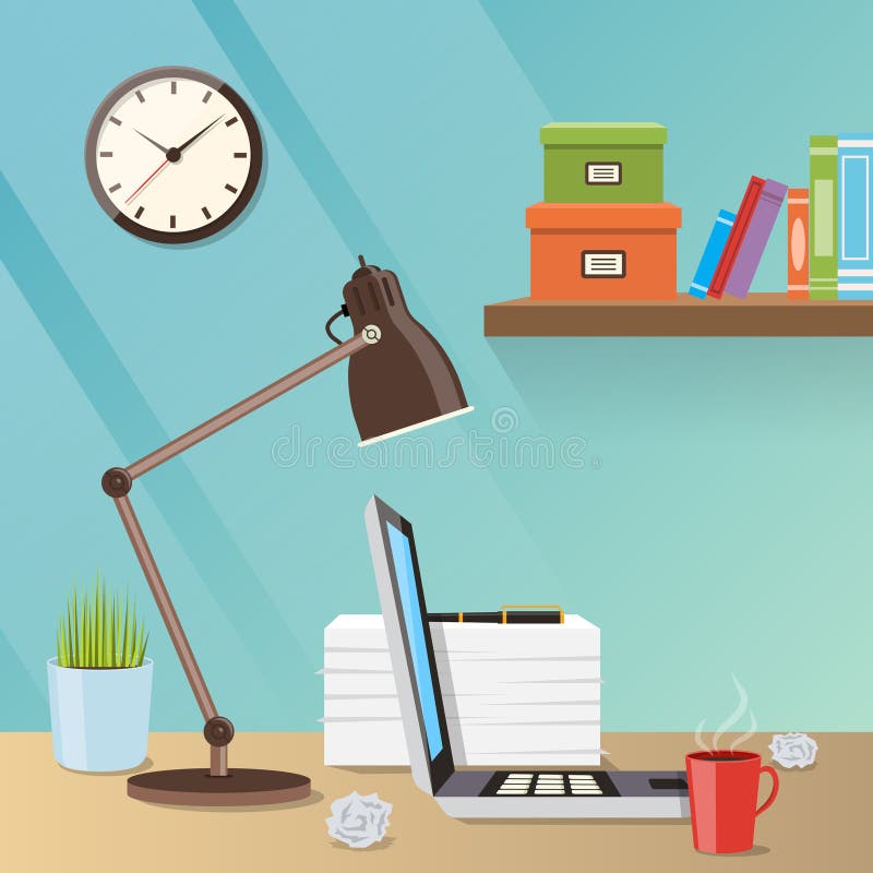 Modern Creative Workspace Illustration with Work Table, a Lamp and ...