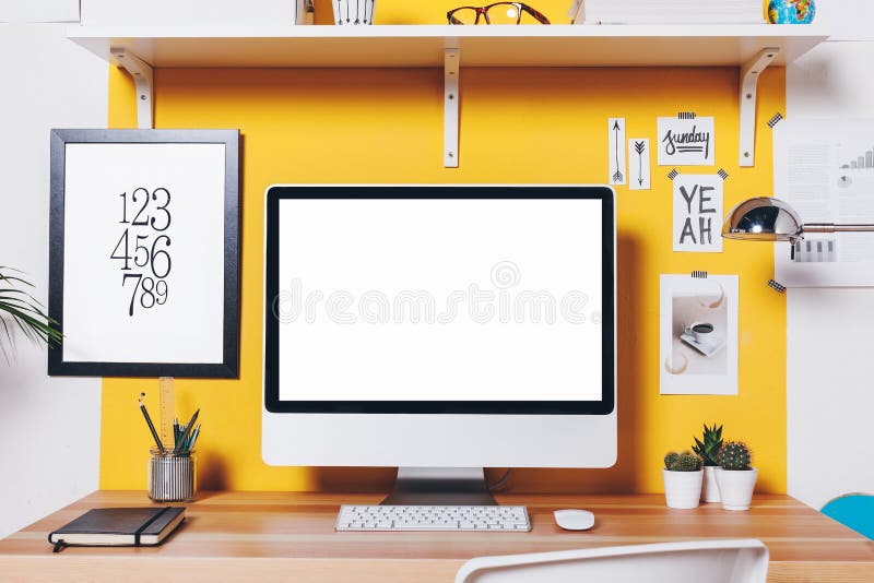 Modern Creative Workspace on Yellow Wall. Stock Image - Image of desk ...