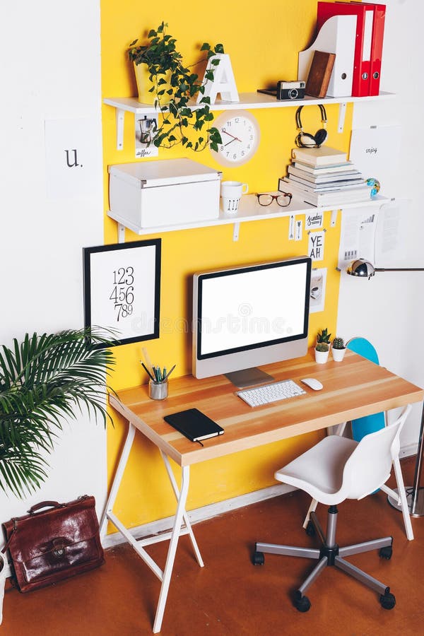 Modern Creative Workspace on Yellow Wall. Stock Photo - Image of plant ...