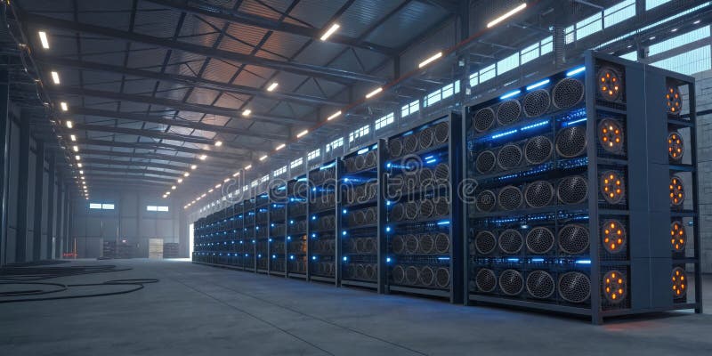 Modern Cryptocurrency Mining Facility Illuminated by Blue Lights in a ...