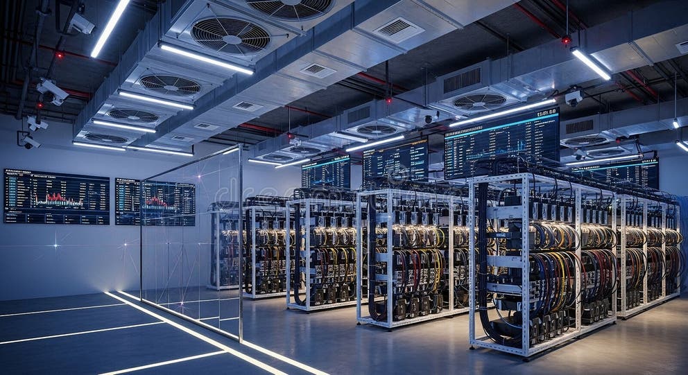 Modern Cryptocurrency Mining Farm with Rows of Advanced Servers and ...