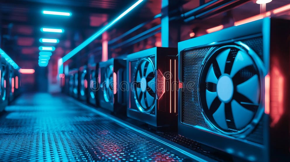 Modern Cryptocurrency Mining Setup with Multiple Fans in a Dimly Lit ...