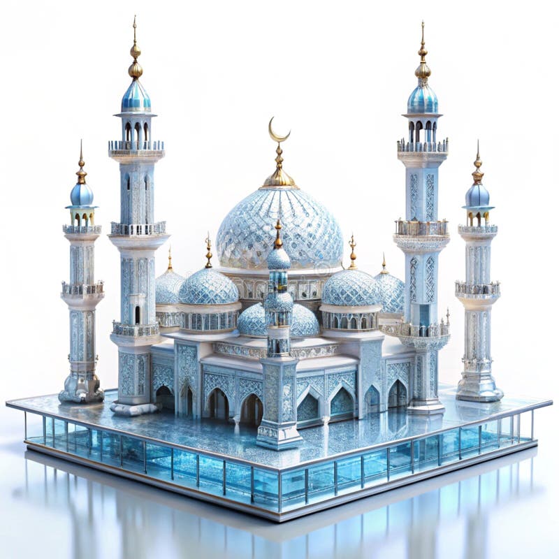 Modern Crystal Mosque Architecture with Ornate Minarets and Blue Domes ...