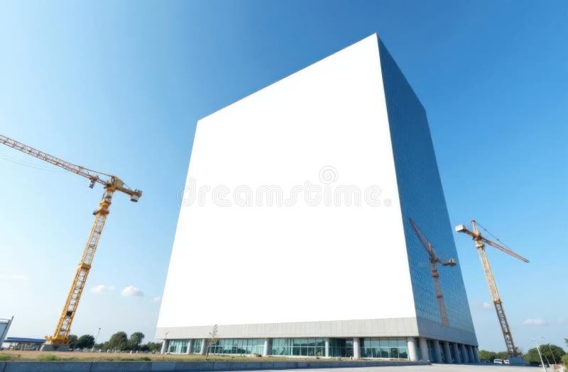 Modern Cube Building and Construction Cranes in Clear Blue Sky Stock ...