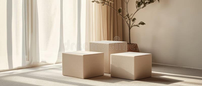 Modern Cube Display Shelves with Natural Light Plants and Soft Window ...