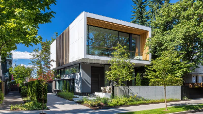 Modern Cube Home Urban Elegance Amidst Lush Greenery Blue Skies Stock ...