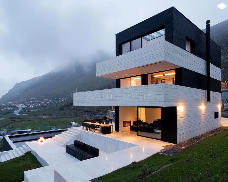 Modern Cube Home with White Facade, Wooden Paneling, and Spacious Garden in Natural Setting ...