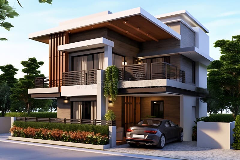 Modern Cube House in Summer with Blue Sky Stock Illustration ...