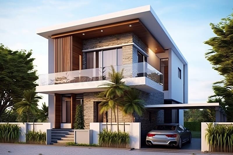 Modern Cube House in Summer with Blue Sky Stock Illustration ...