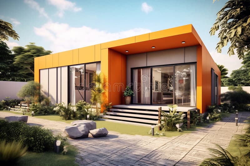 Modern Cube Orange House in Summer with Blue Sky Stock Illustration ...