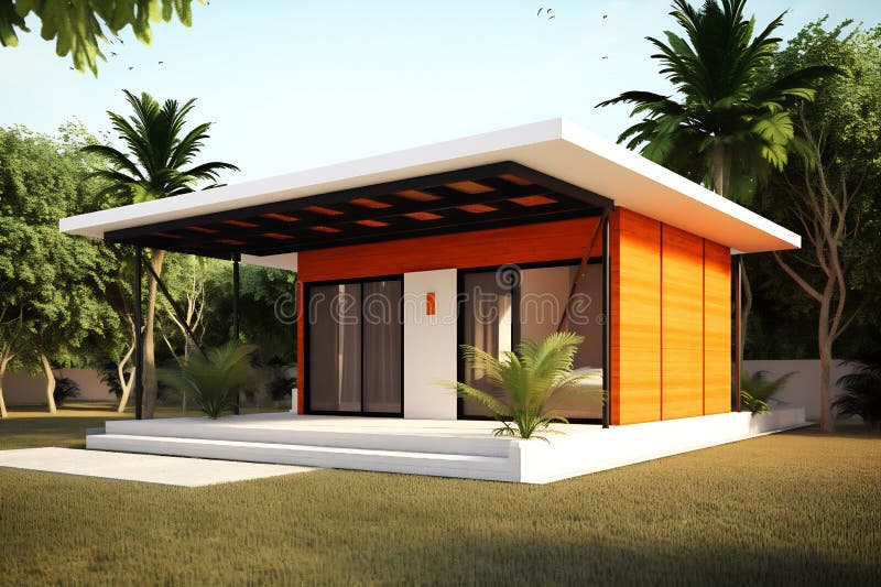 Modern Cube Orange House in Summer with Blue Sky Stock Photo - Image of ...