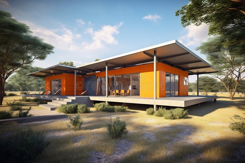 Modern Cube Orange House in Summer with Blue Sky Stock Image - Image of ...