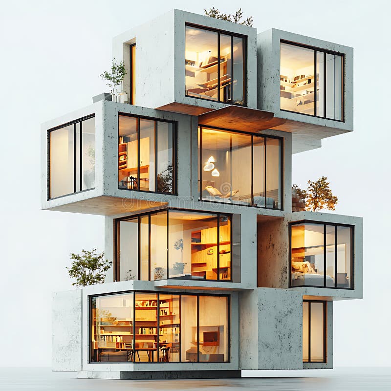 Modern CubeShaped House with Large Windows and Interior Lighting ...