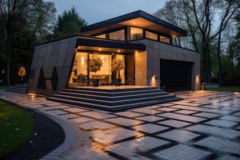 A Modern Cube-shaped House with a Paved Driveway Stock Image - Image of ...