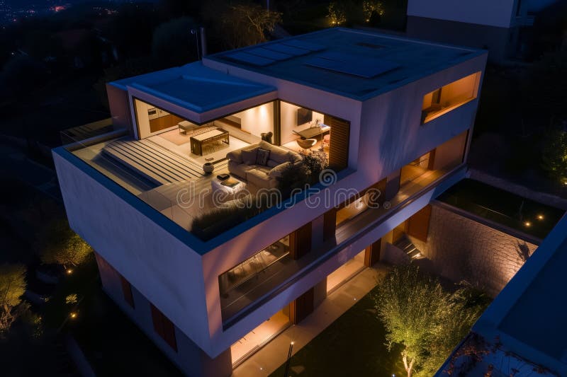 Modern Cubic House with Rooftop Terrace Lights and Night Sky Stock ...