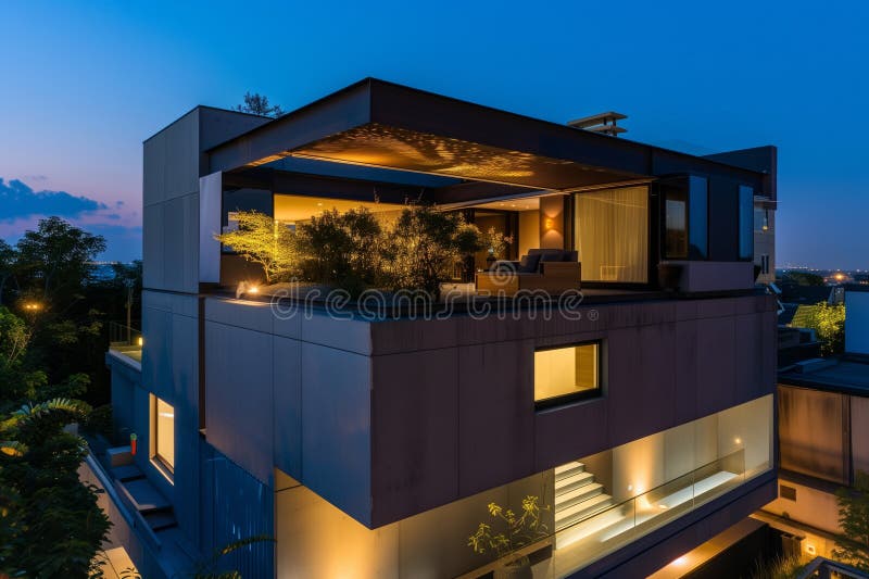 Modern Cubic House with Rooftop Terrace Lights and Night Sky Stock ...