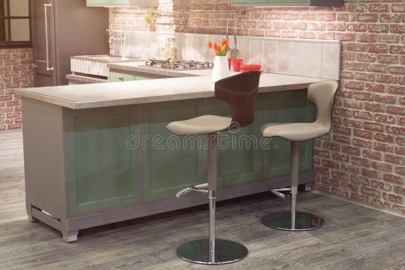 Modern Cuisine with Countertops and Bar Chairs in the Loft Style Stock ...