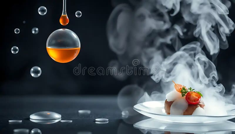 Molecular Gastronomy Dish with Orange Liquid and Smoke Stock ...