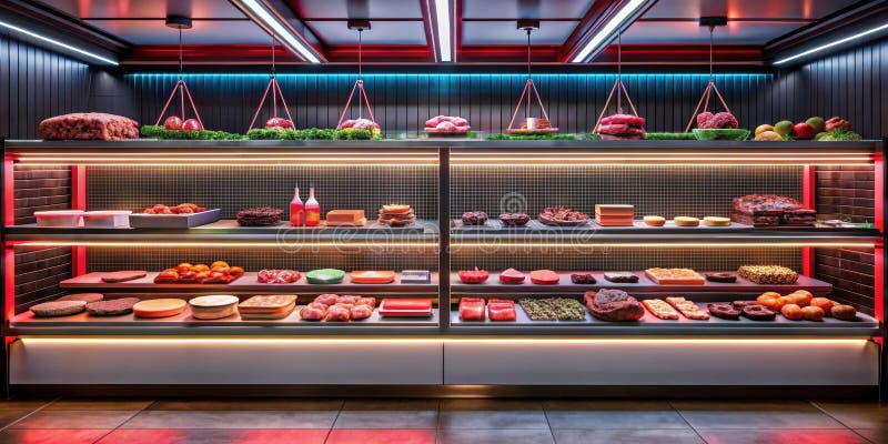 A Modern Culinary Display Featuring an Array of Meats, Produce, and ...