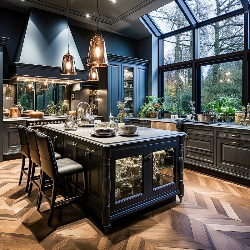 Modern Culinary Space Natural Textures Panoramic Windows and a Bar ...