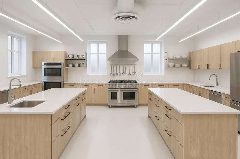 Modern Culinary Studio with Spacious Kitchen and Elegant Wooden ...