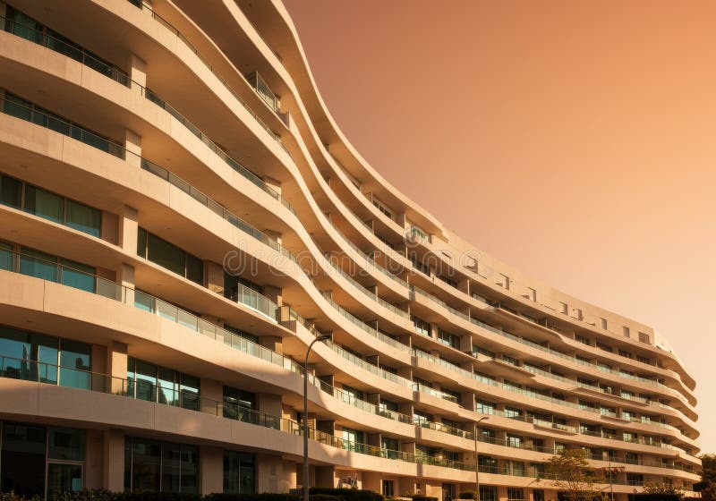 Modern Curved Apartment Building with Glass Balconies at Sunset Stock ...