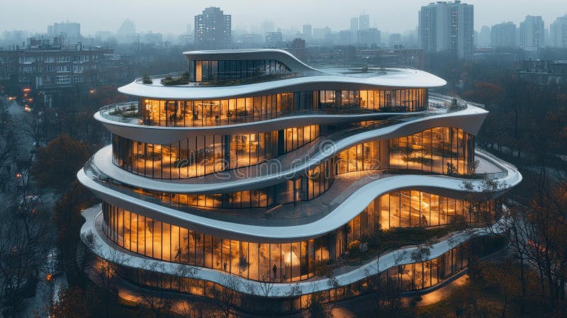 Modern Curved Architectural Building at Dusk - Generative Ai Stock ...