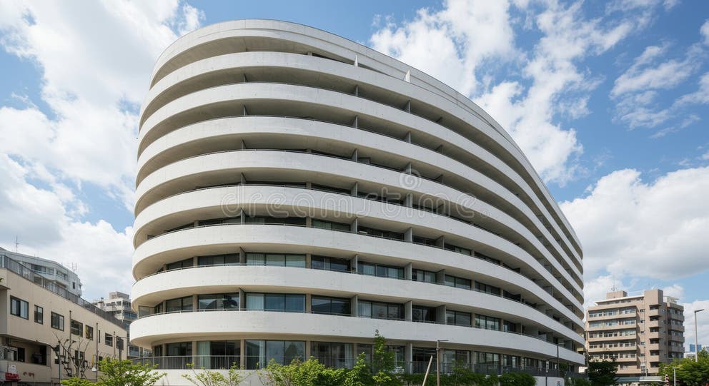Modern Curved Architecture Against Blue Sky with White Clouds in Urban ...