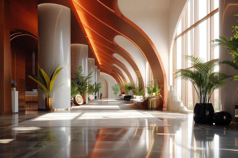 Modern Curved Architecture in Hotel Lobby with Large Windows Stock ...