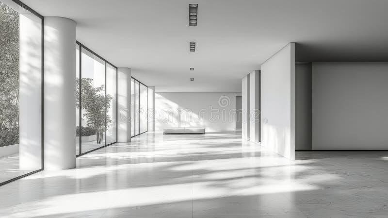 Modern Curved Architecture Inside a Spacious Hallway with Large Windows ...