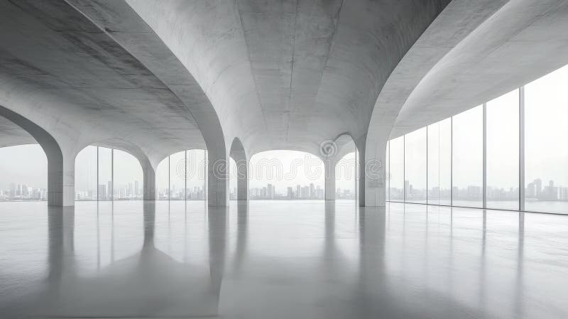 Modern Curved Architecture Inside a Spacious Hallway with Large Windows ...